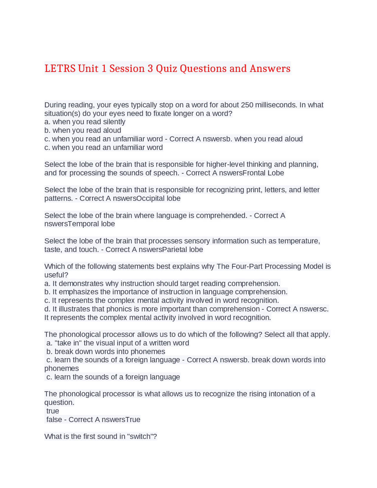 The Four-Part Processing Model: Understanding Brain Activity in Word ...