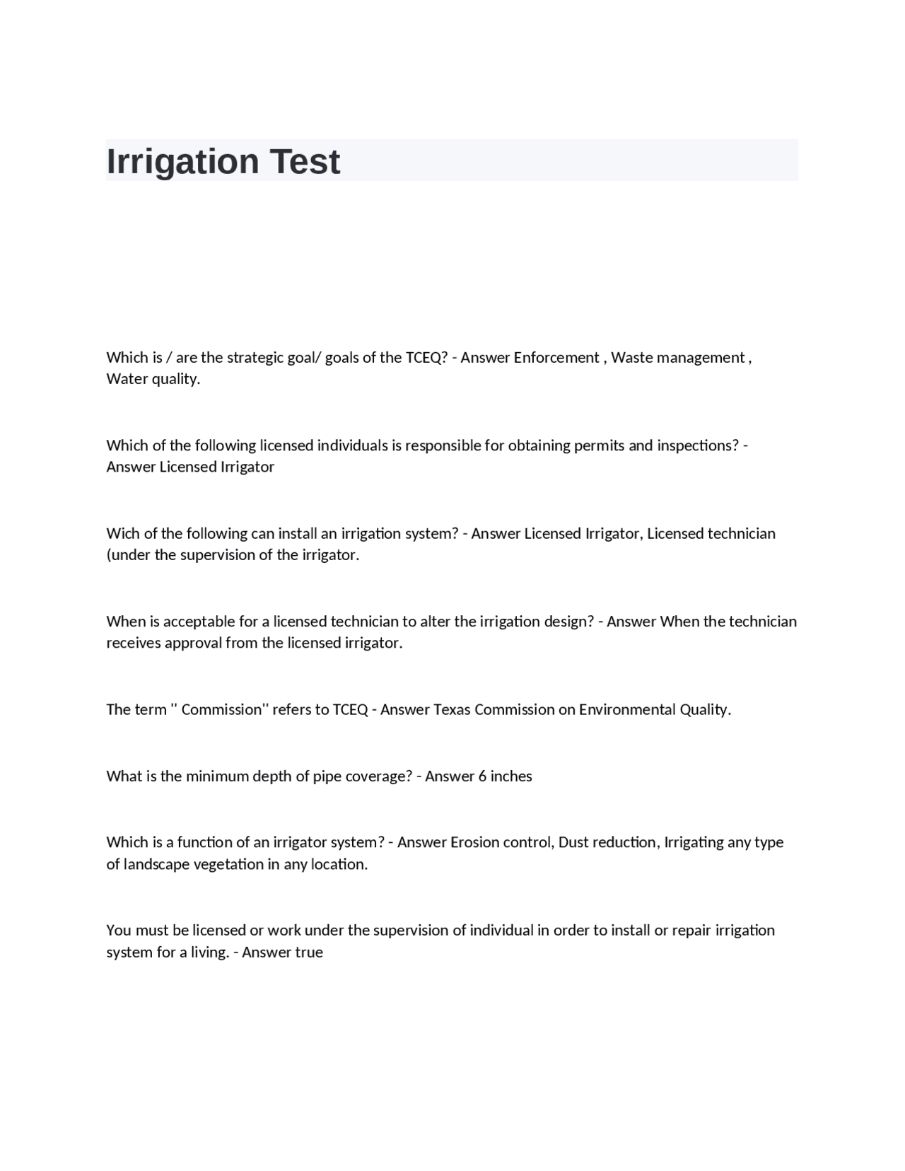Irrigation Test Questions and Answers | Exams Nursing | Docsity