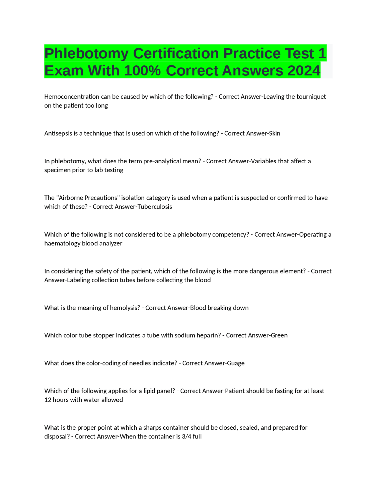 Phlebotomy Certification Practice Test 1 Exam With 100% Correct Answers ...
