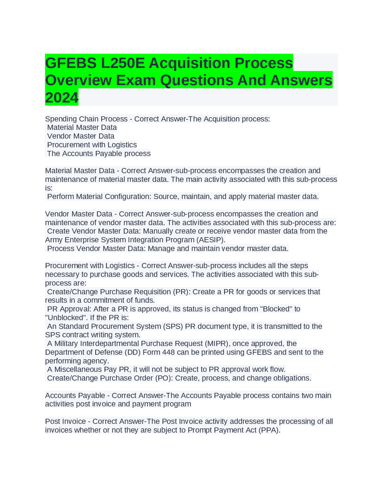 GFEBS L250E Acquisition Process Overview Exam Questions And Answers ...