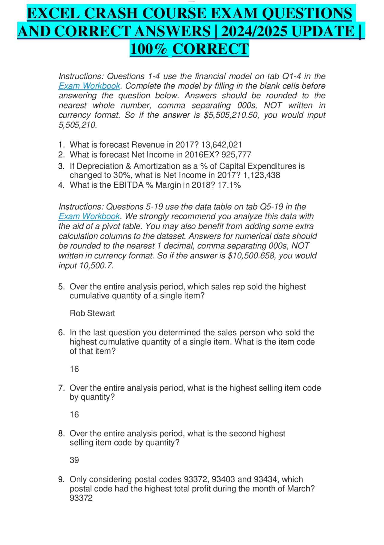 EXCEL CRASH COURSE EXAM QUESTIONS AND CORRECT ANSWERS | 2024/2025 UPDATE | 100% CORRECT | Exams ...