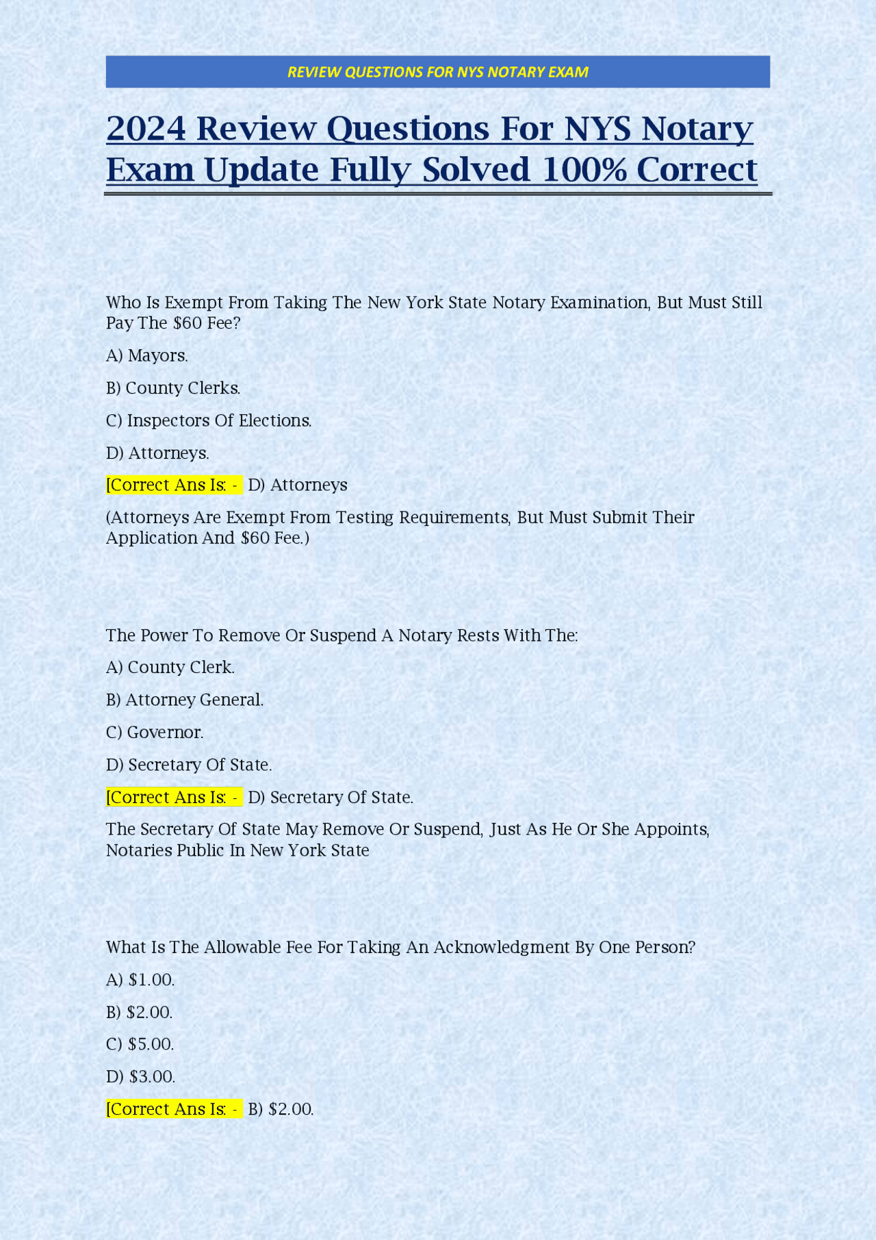 2024 Review Questions For NYS Notary Exam Update Fully Solved 100% ...