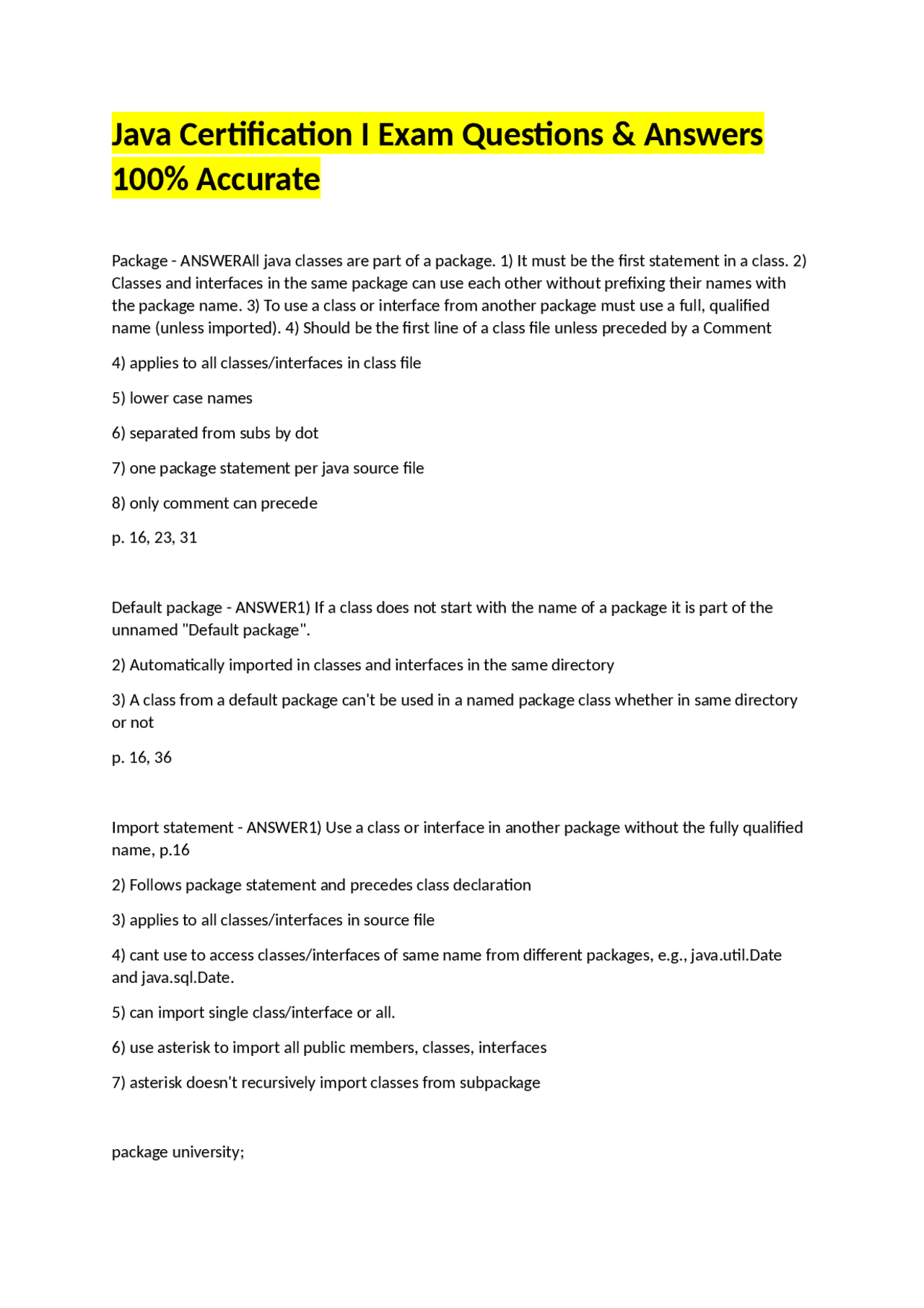 Java Certification I Exam Questions And Answers 100 Accurate Exams Java Programming Docsity