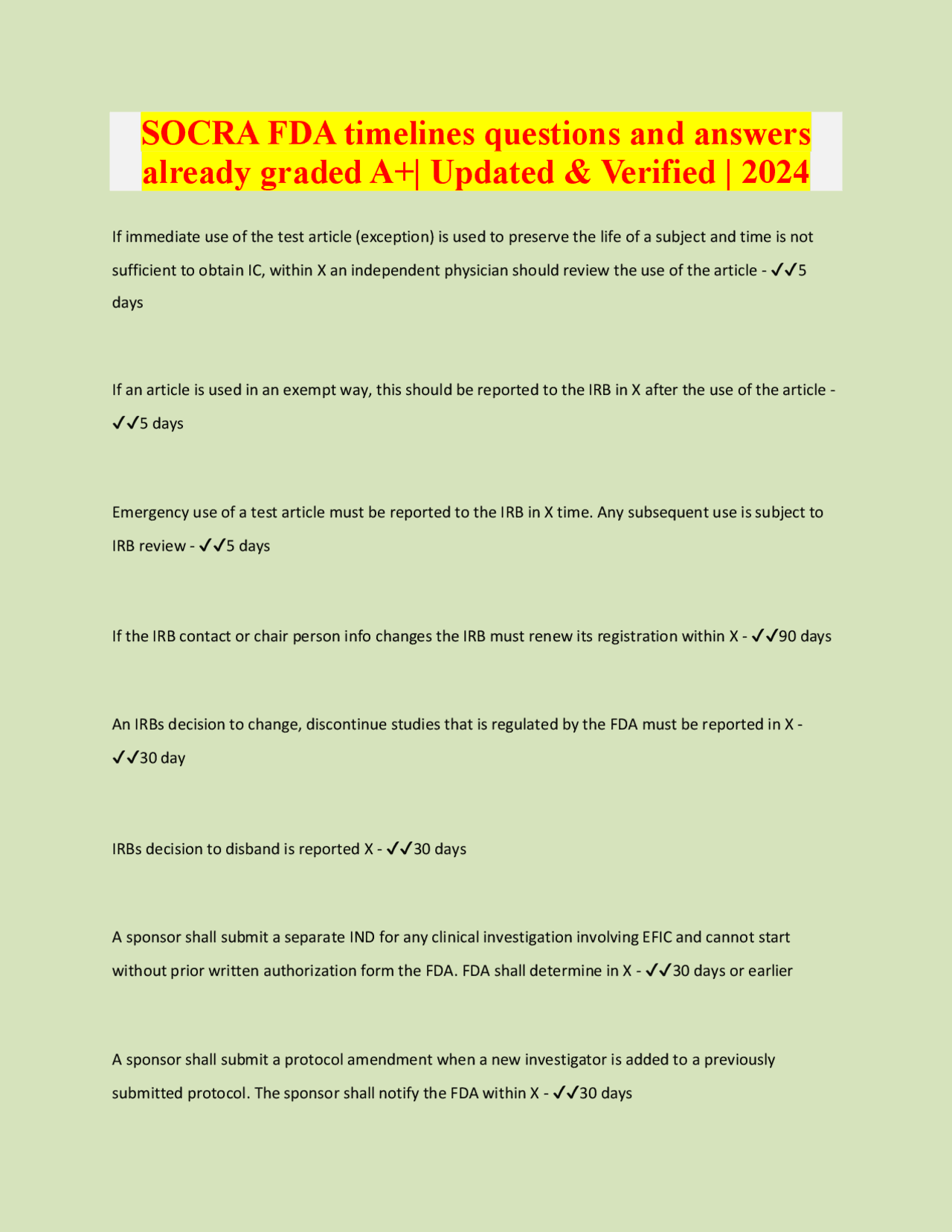 SOCRA FDA Timelines: Questions and Answers | Exams Nursing | Docsity