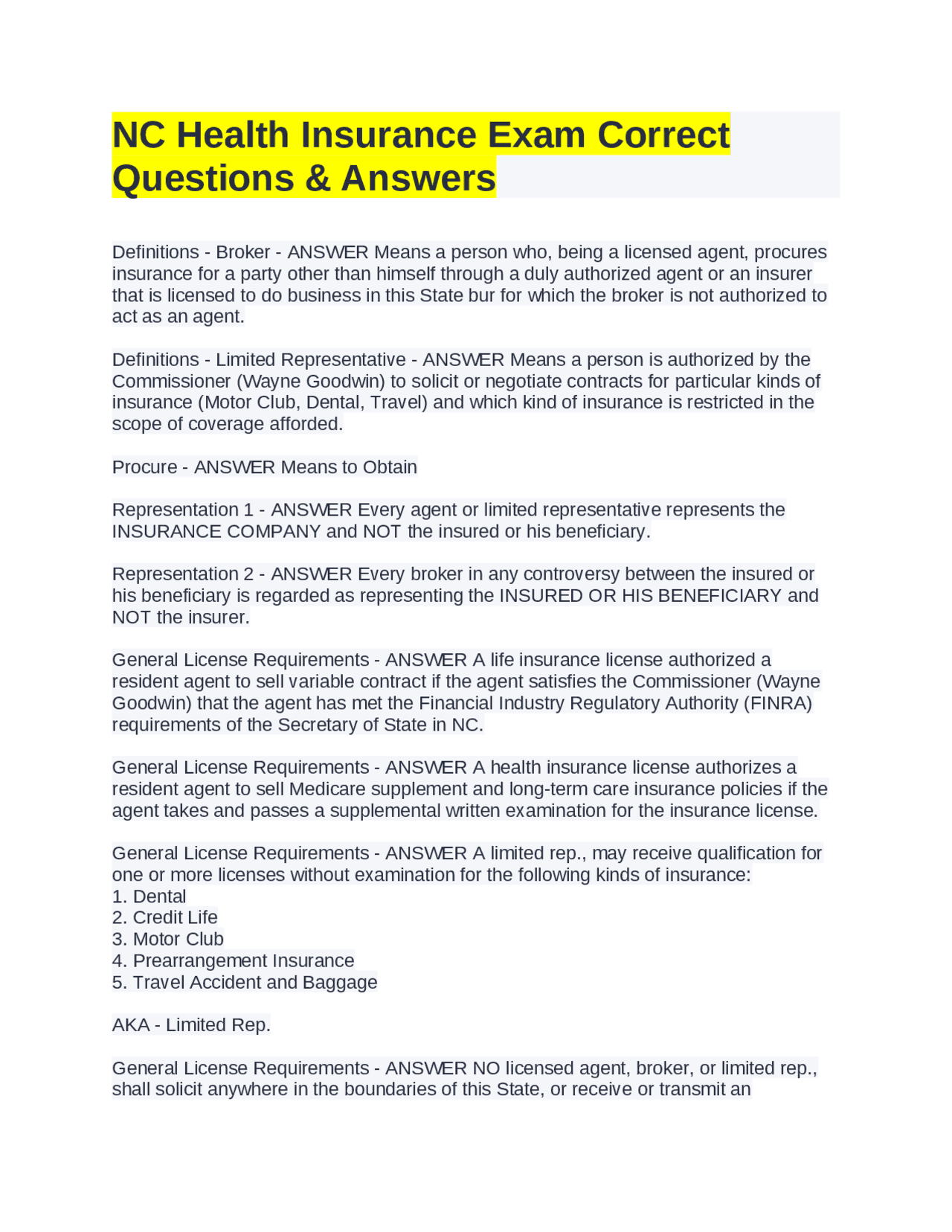 NC Health Insurance Exam Correct Questions & Answers | Exams Nursing ...