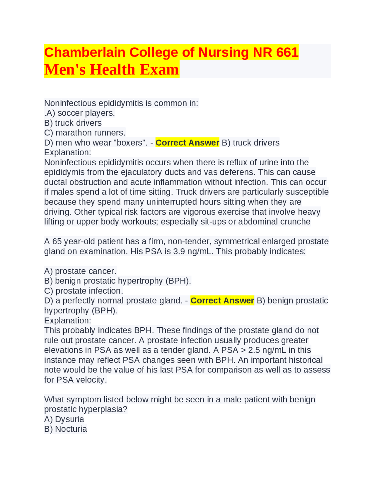 Prostate Gland Conditions and Screening | Exams Nursing | Docsity