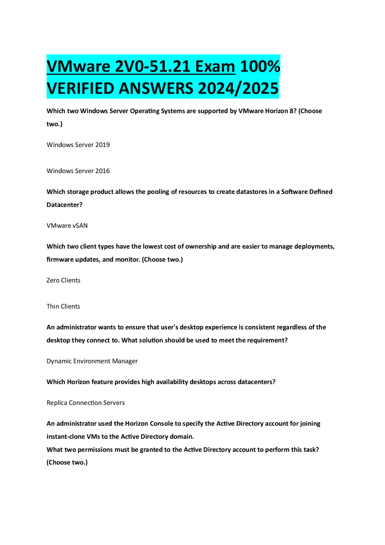 VMware Horizon 8 Exam Preparation | Exams Business Administration | Docsity