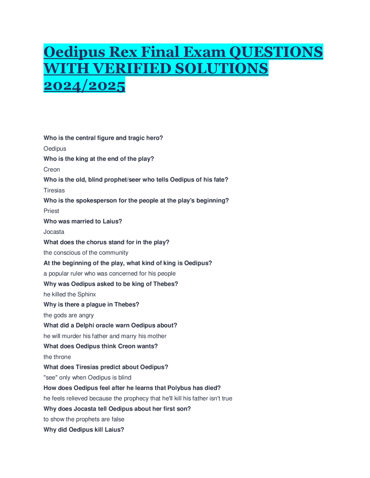 Oedipus Rex Final Exam QUESTIONS WITH VERIFIED SOLUTIONS 2024/2025 ...