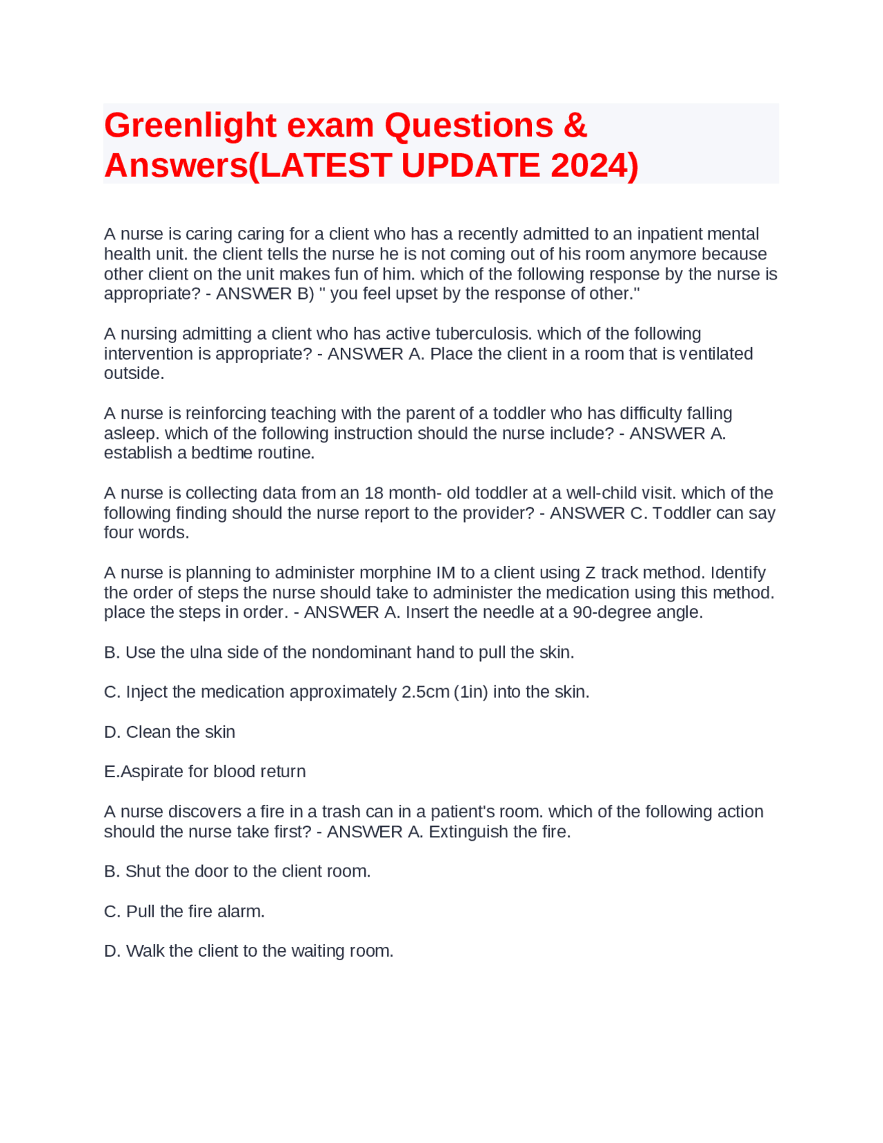 Greenlight exam Questions & Answers(LATEST UPDATE 2024) | Exams Nursing ...
