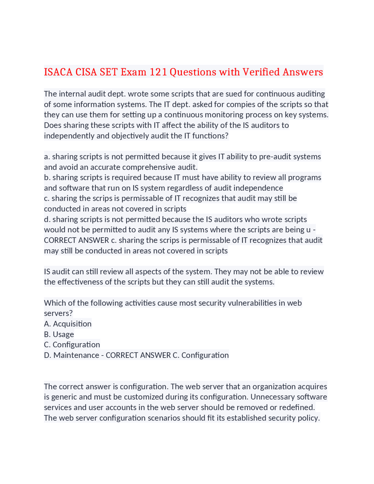 ISACA CISA SET Exam 121 Questions with Verified Answers,100% CORRECT ...