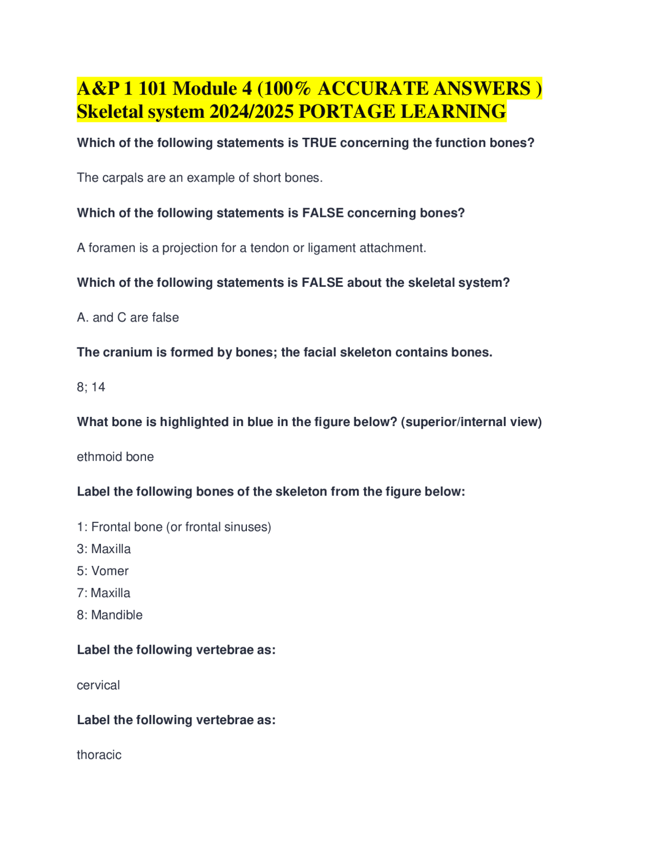 A&P 1 101 Module 4 (100% ACCURATE ANSWERS ) Skeletal system 2024/2025 ...
