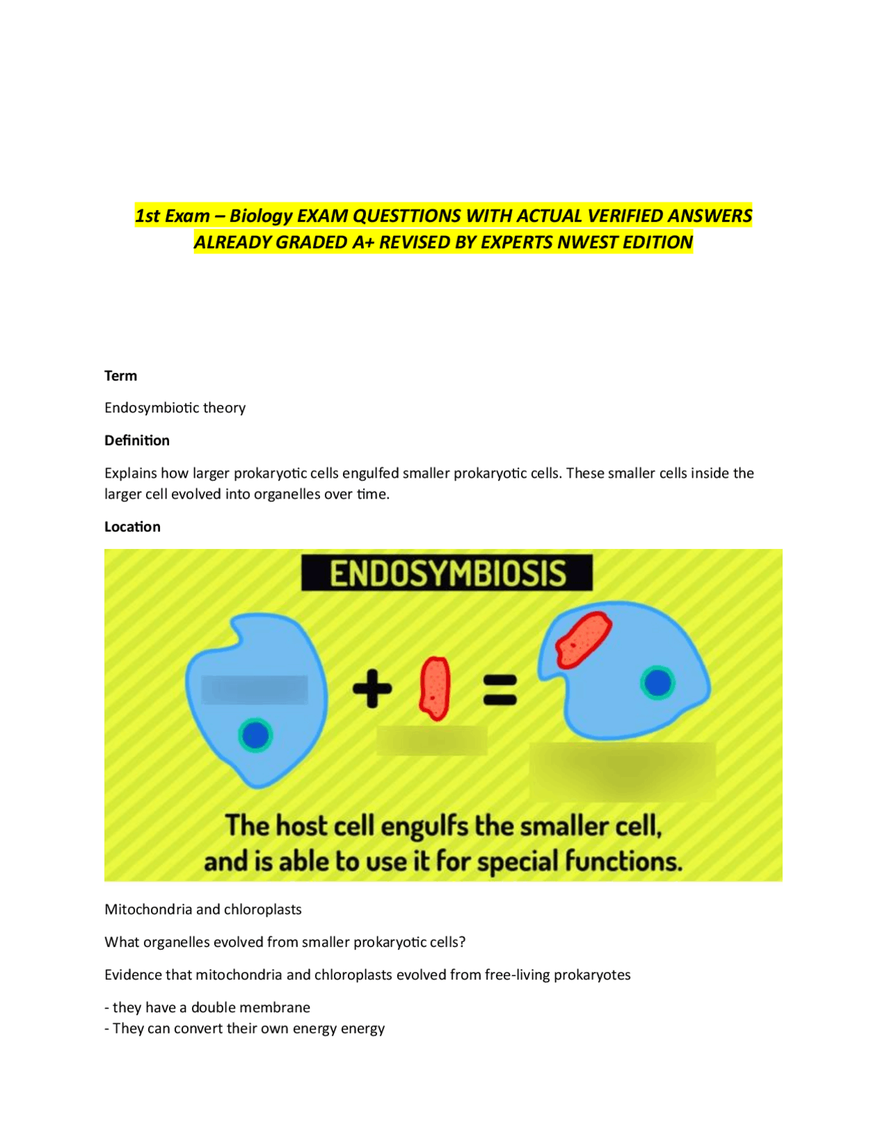 Endosymbiotic Theory and Cell Organelles | Exams Nursing | Docsity