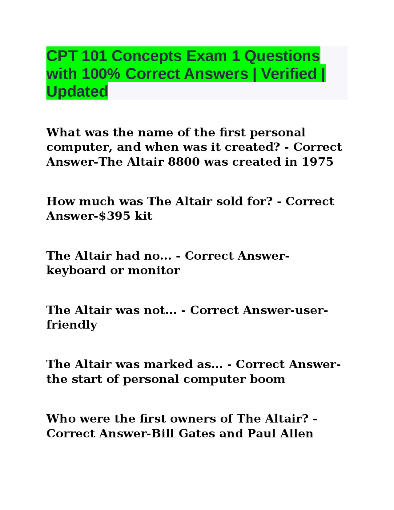 CPT 101 Concepts Exam 1 Questions with 100% Correct Answers | Verified ...