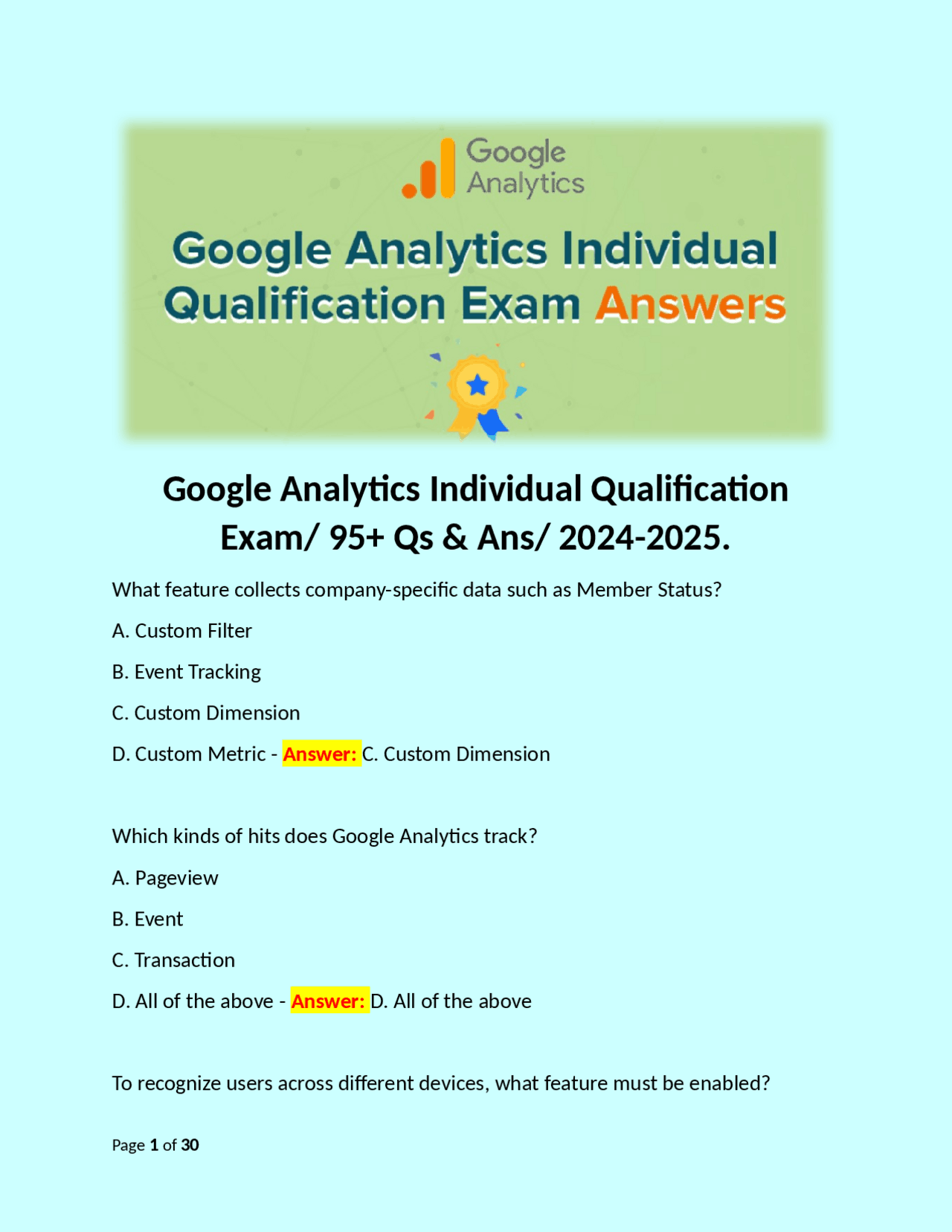 Google Analytics Individual Qualification Exam/ 95+ Qs & Ans/ 2024-2025 ...
