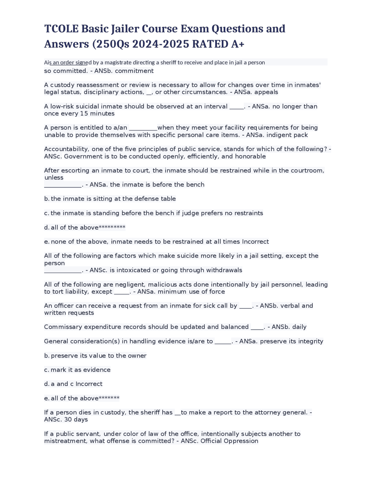 TCOLE Basic Jailer Course Exam Questions and Answers (250Qs 2024-2025 ...