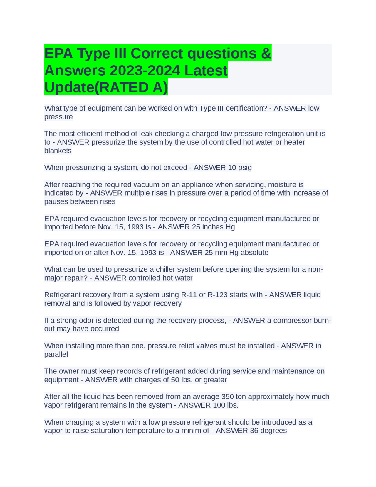 EPA Type III Correct questions & Answers 2023-2024 Latest Update(RATED ...