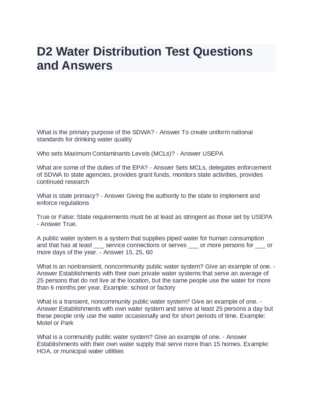 D2 Water Distribution Test Questions and Answers | Exams Nursing | Docsity