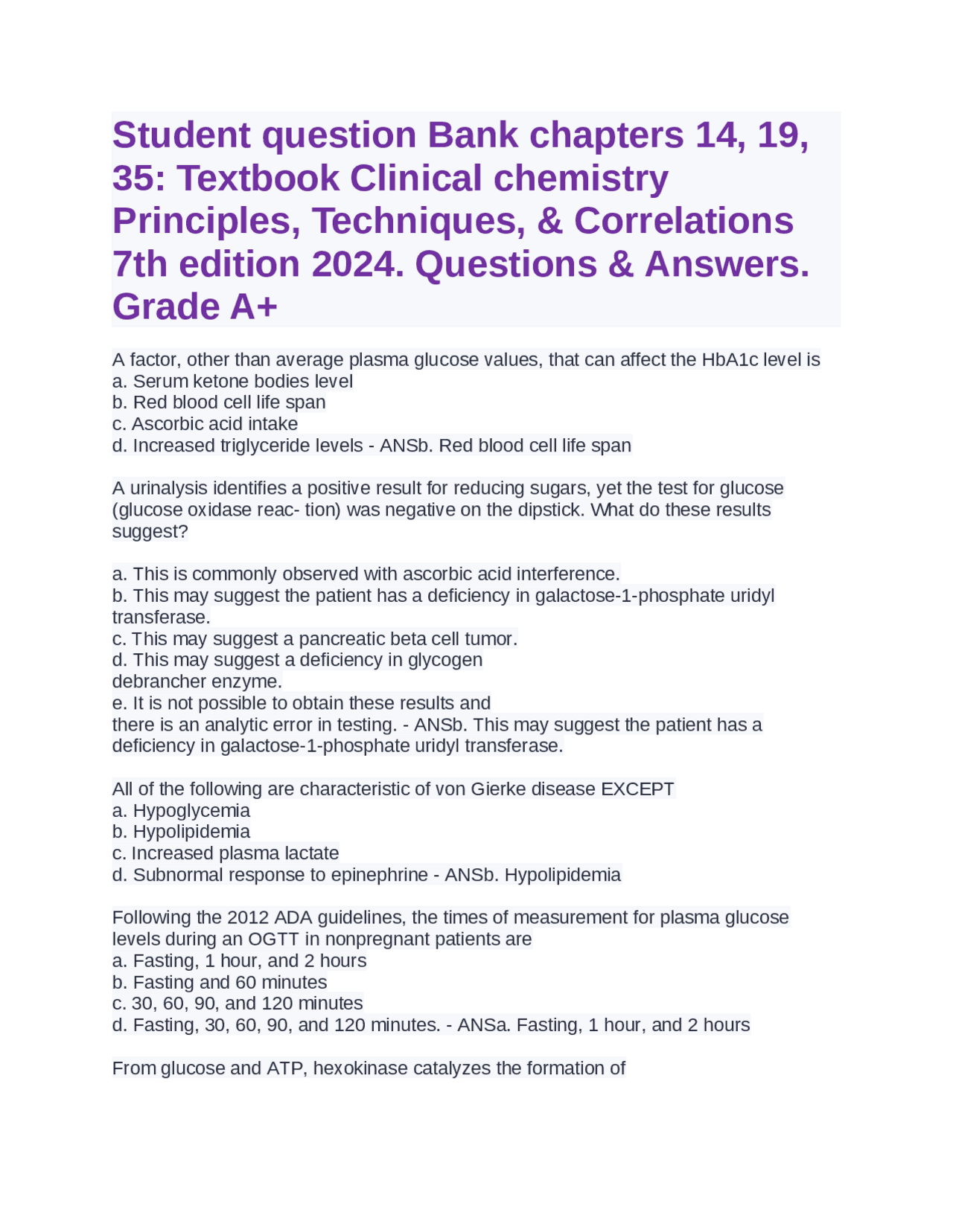 Student question Bank chapters 14, 19, 35: Textbook Clinical chemistry ...