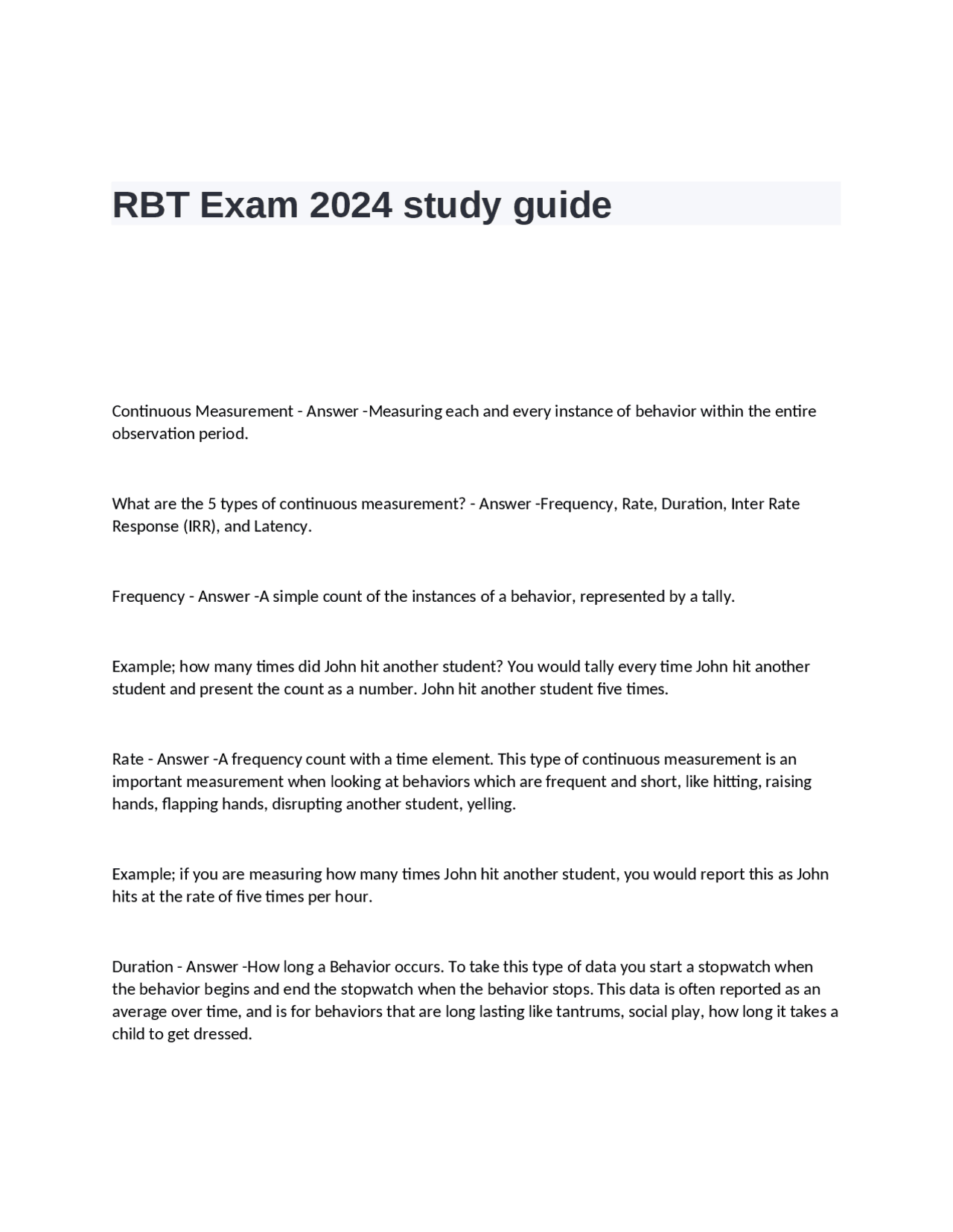 RBT Exam 2024 Study Guide | Exams Nursing | Docsity