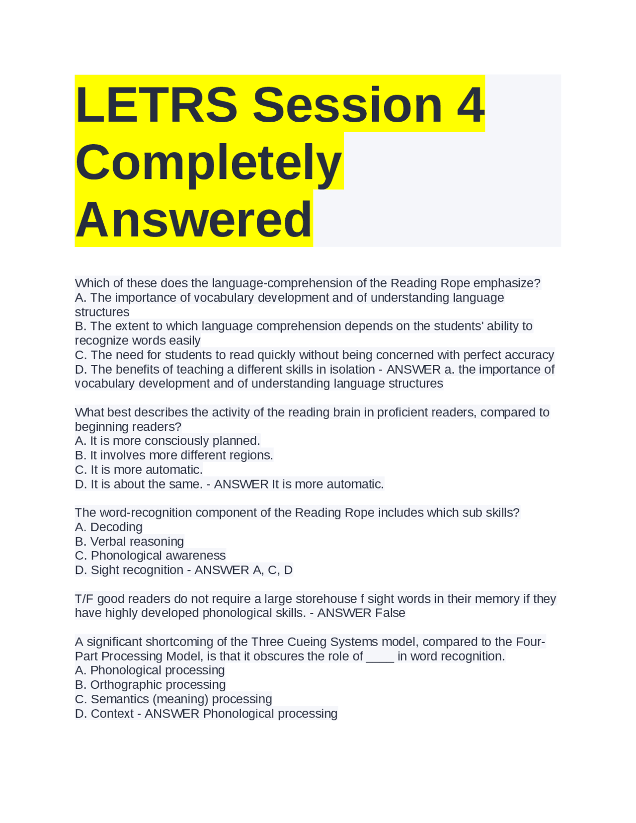 LETRS Session 4 Completely Answered | Exams Nursing | Docsity