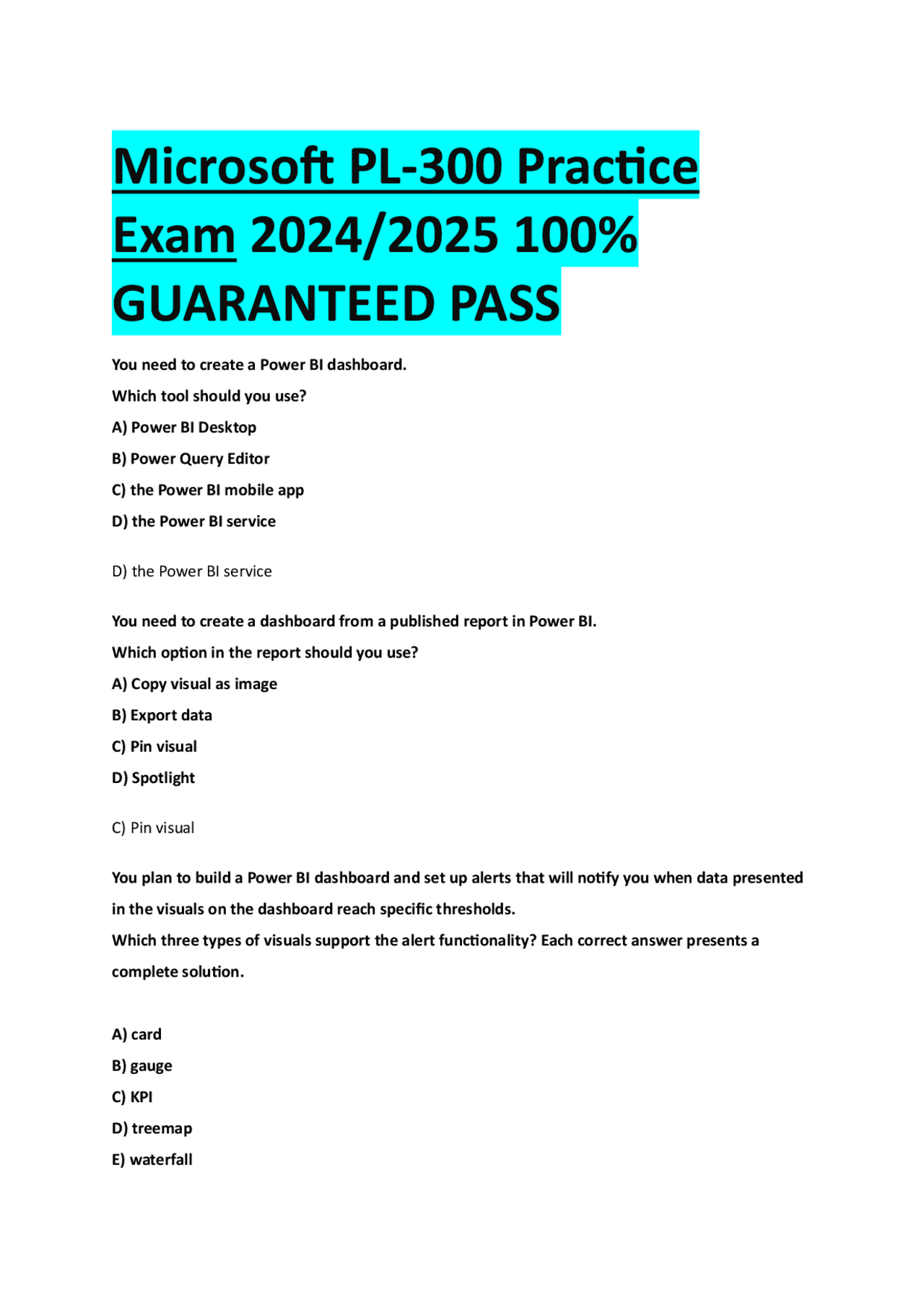Microsoft PL-300 Practice Exam 2024/2025 100% GUARANTEED PASS | Exams ...