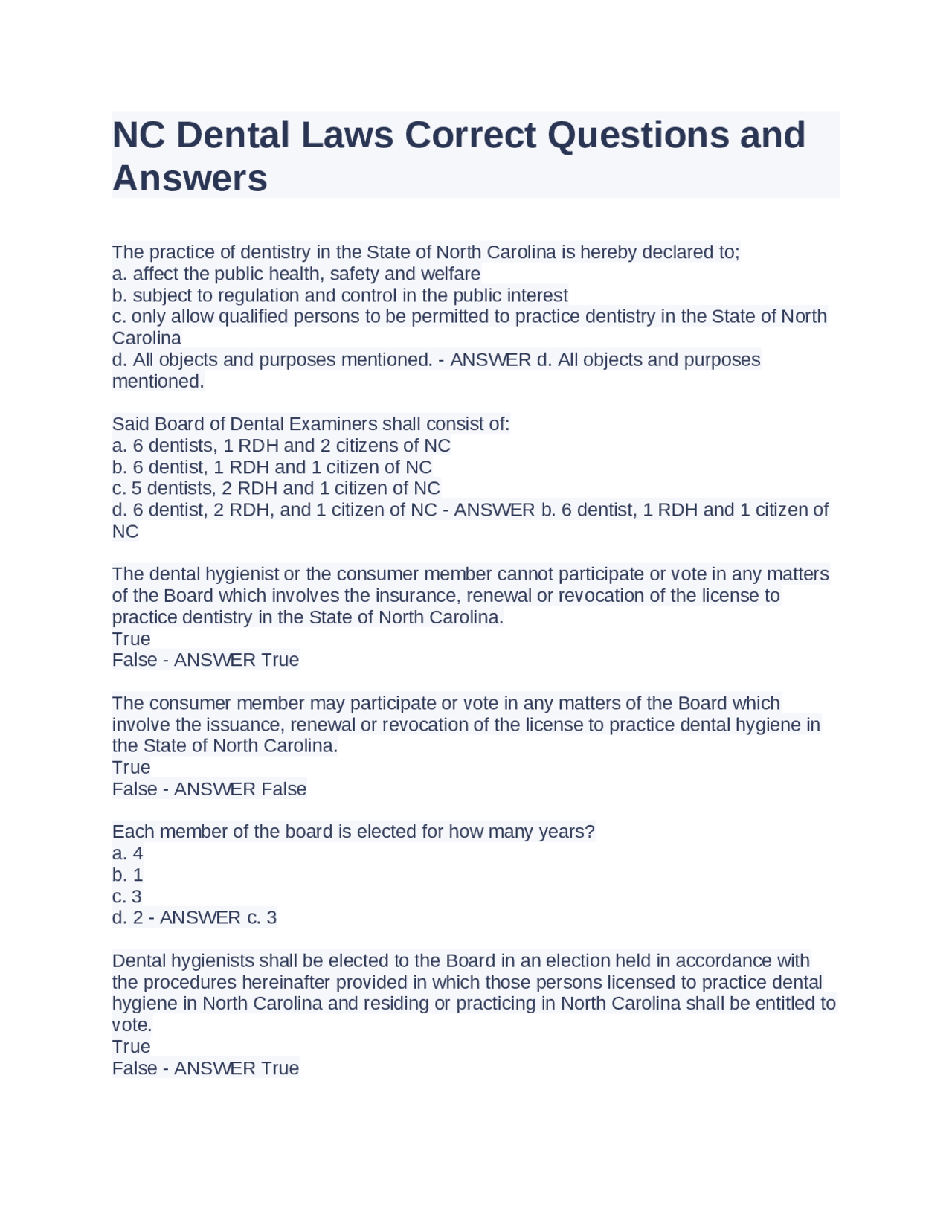 NC Dental Laws Correct Questions and Answers | Exams Nursing | Docsity