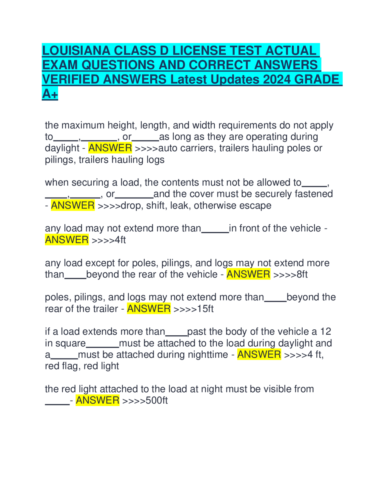 LOUISIANA CLASS D LICENSE TEST ACTUAL EXAM QUESTIONS AND CORRECT ...