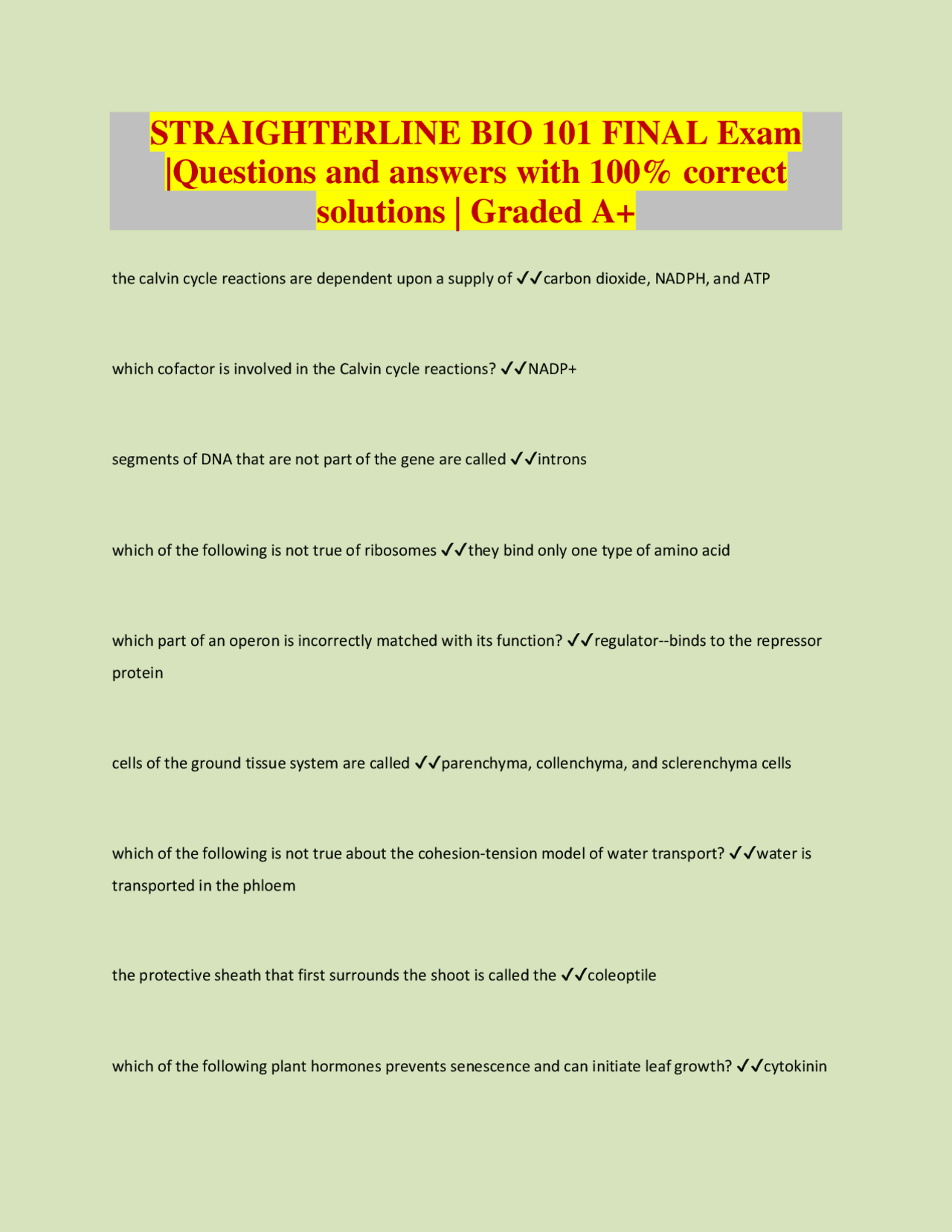 BIO 101 Final Exam: Questions and Answers | Exams Biology | Docsity