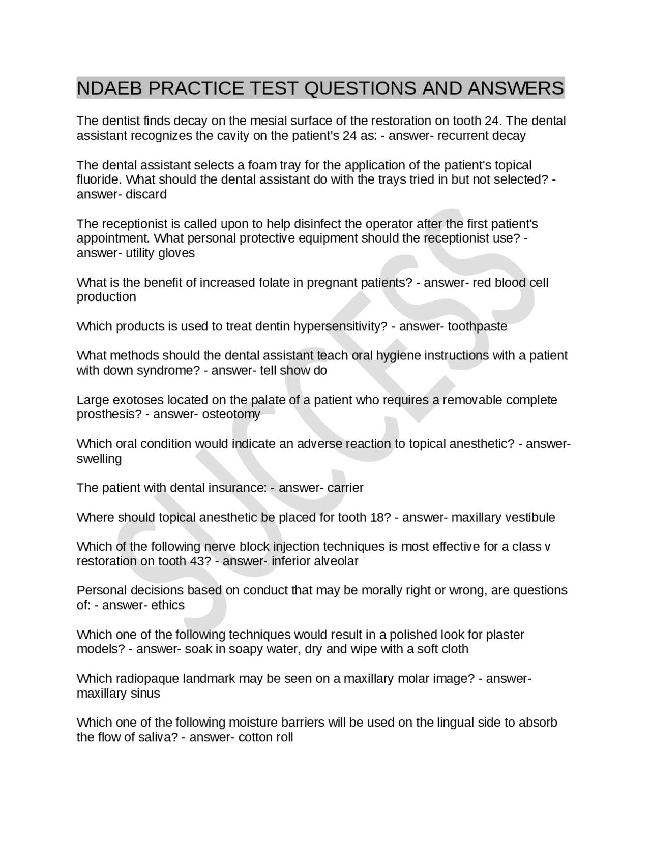NDAEB PRACTICE TEST QUESTIONS AND ANSWERS | Exams Nursing | Docsity