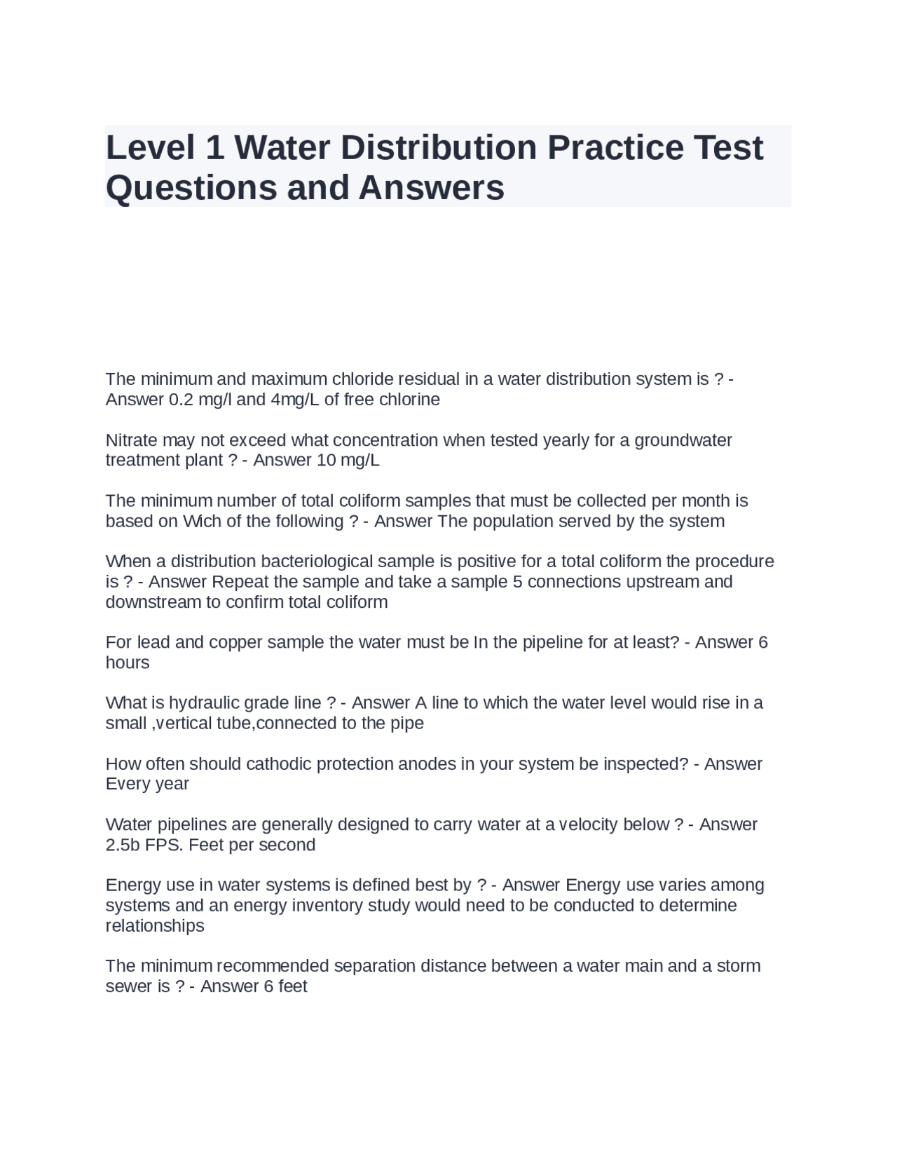Level 1 Water Distribution Practice Test Questions and Answers | Exams ...