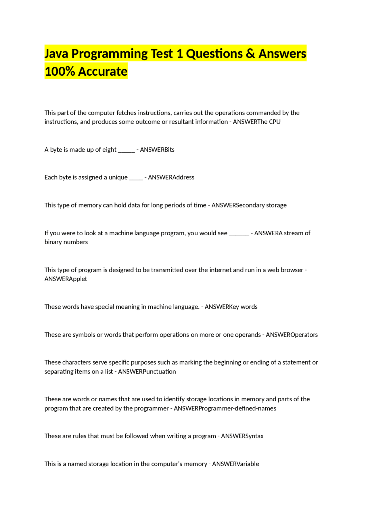 Java Programming Test 1 Questions And Answers 100 Accurate Exams Java Programming Docsity