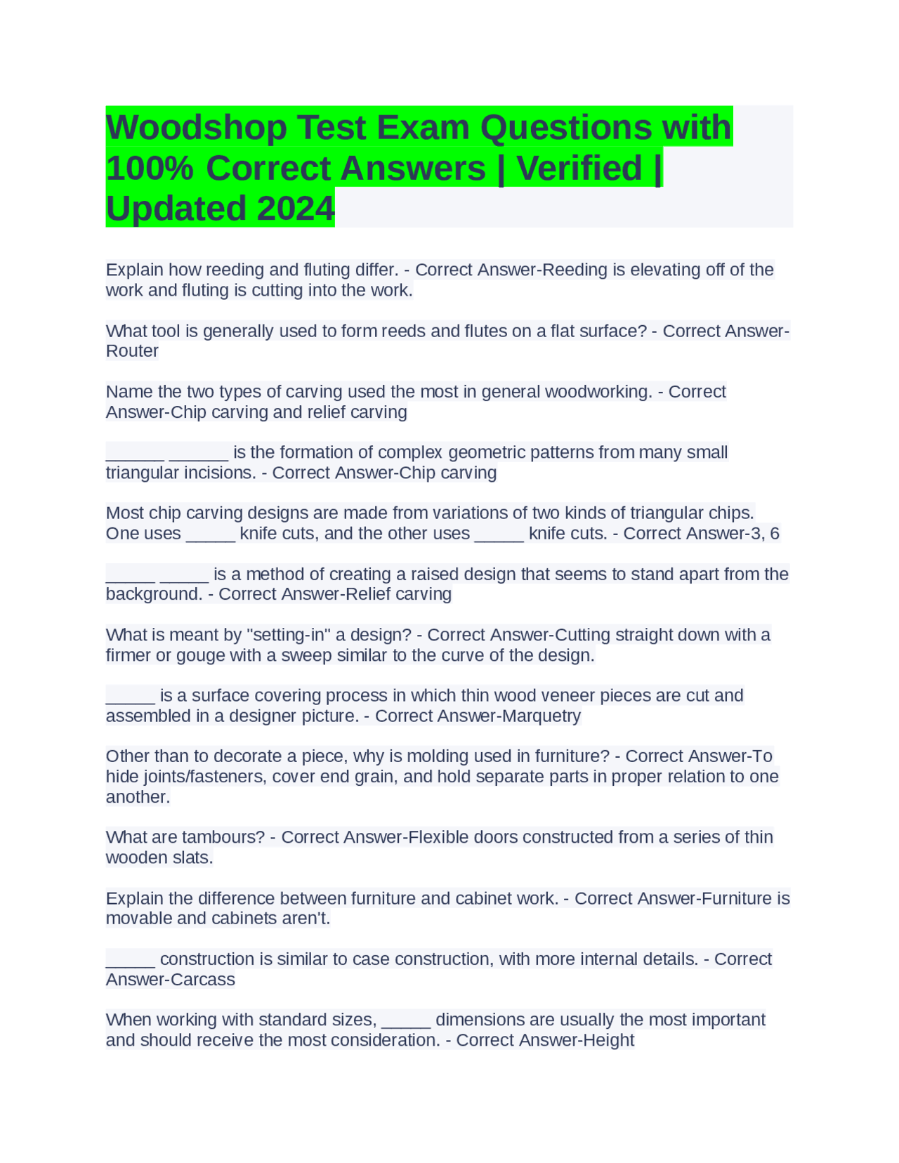 Woodshop Test Exam Questions with Correct Answers | Exams Advanced ...