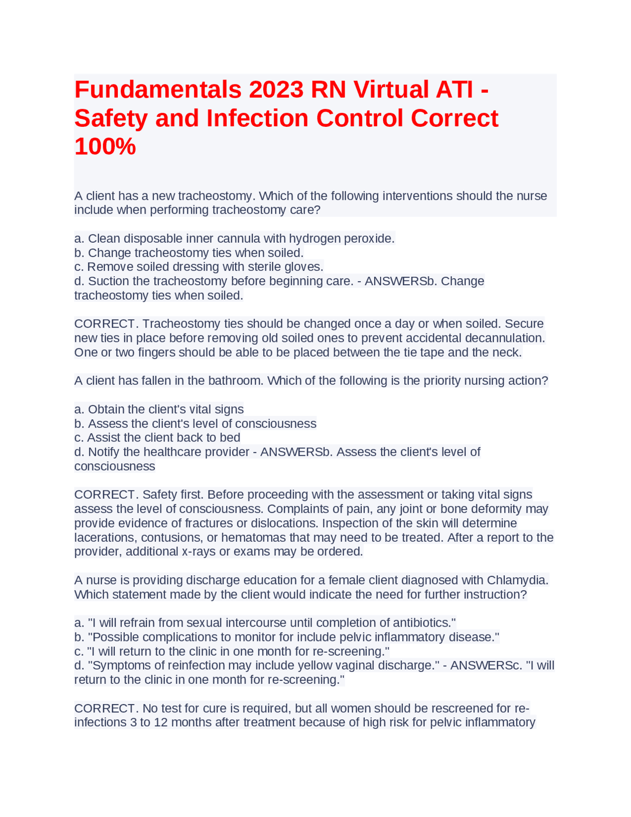 Fundamentals 2023 RN Virtual ATI - Safety and Infection Control Correct ...