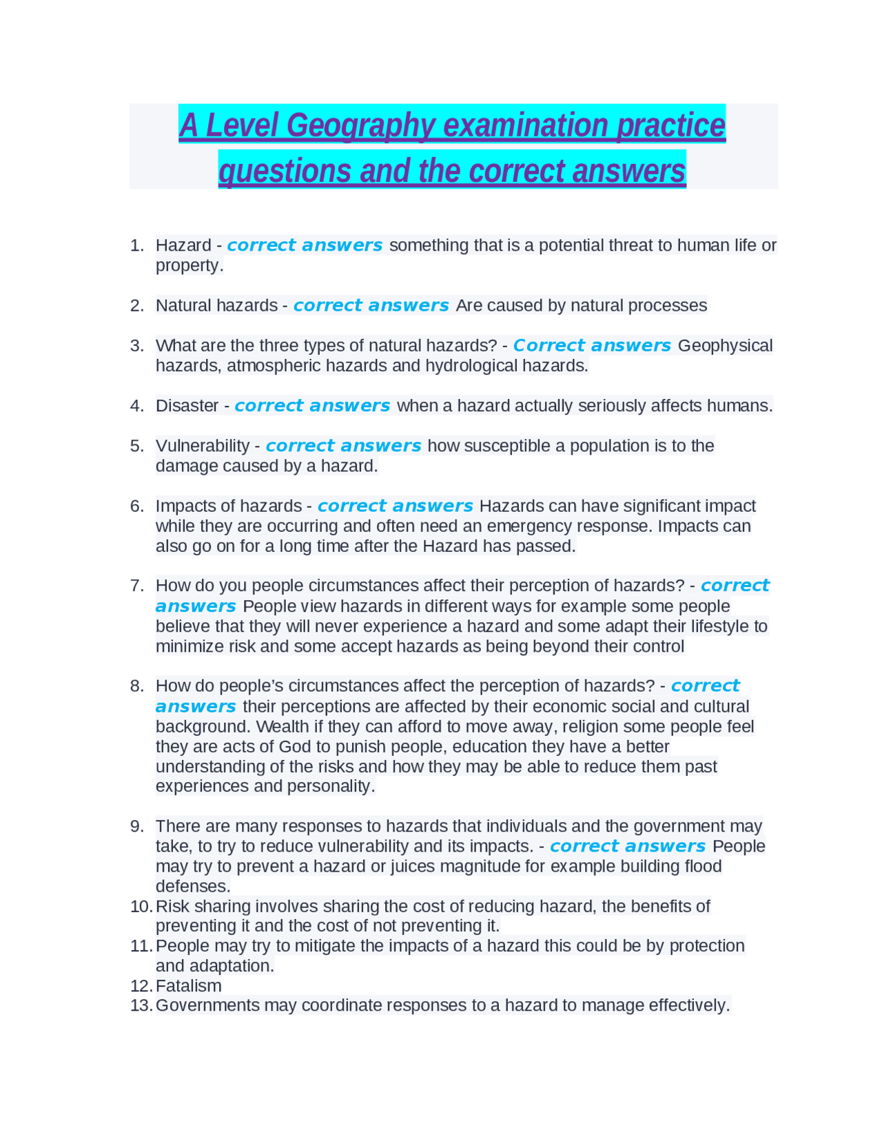 A Level Geography examination practice questions and the correct ...
