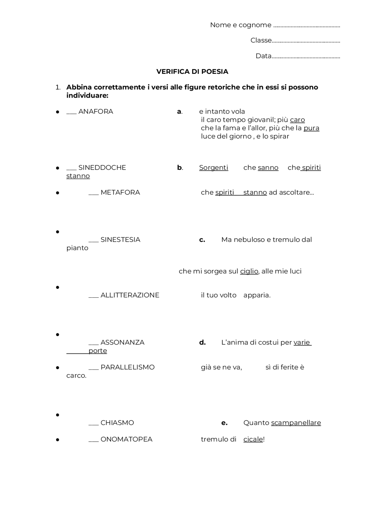 Simulazione verifica figure retoriche | Esercizi di Italiano | Docsity