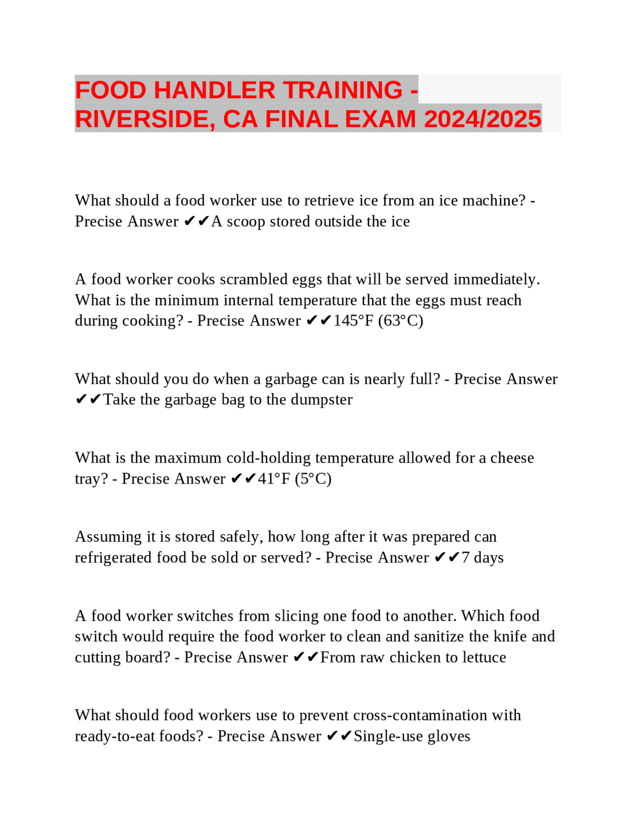 Food Handler Training Final Exam 2024/2025 | Exams Nursing | Docsity