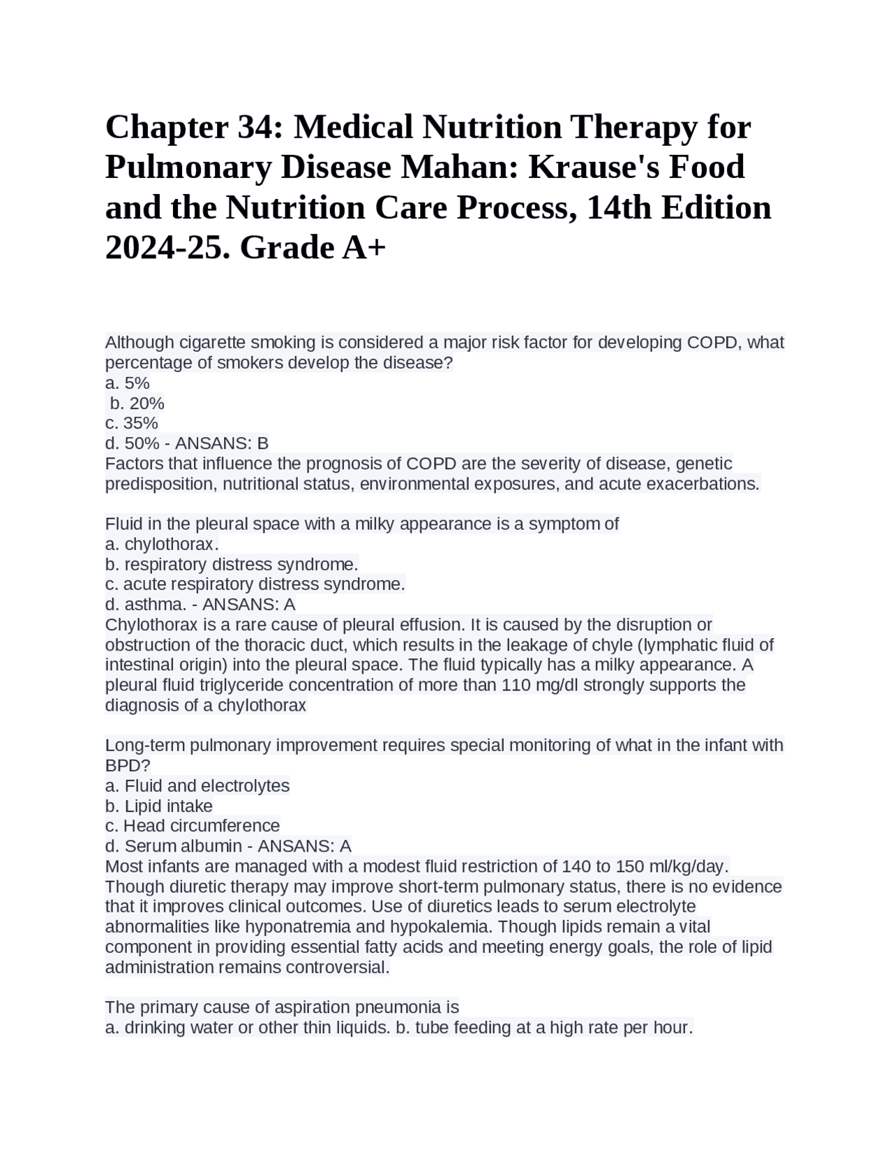 Medical Nutrition Therapy For Pulmonary Disease Exams Nursing Docsity