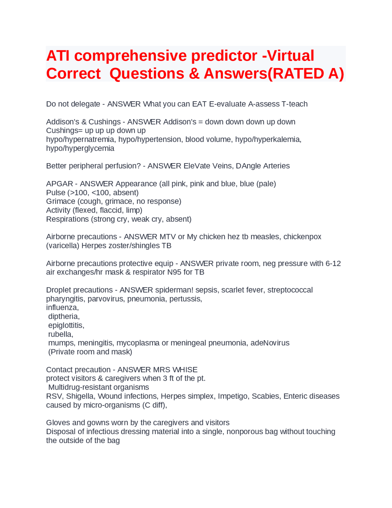 ATI comprehensive predictor -Virtual Correct Questions & Answers(RATED ...