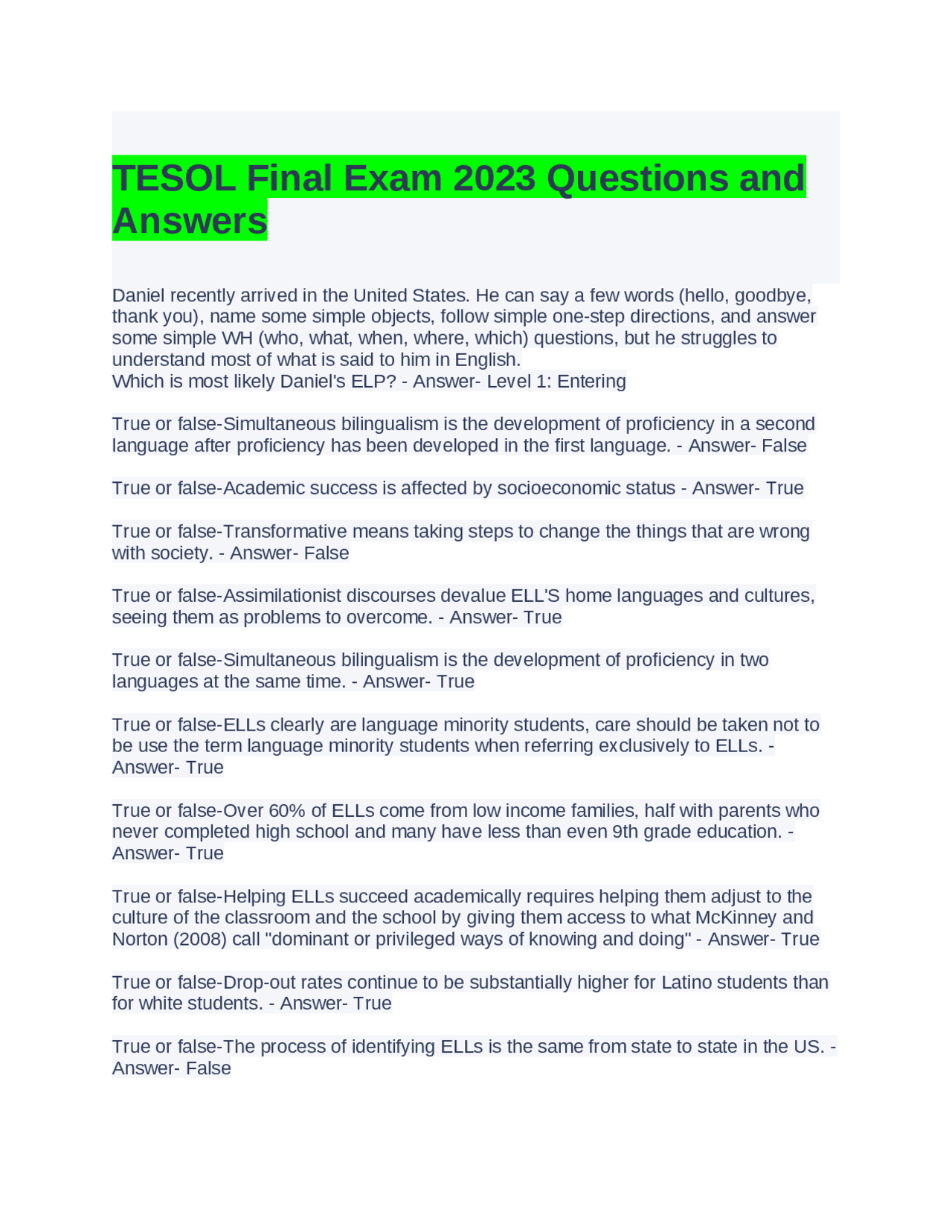 TESOL Final Exam 2023-2024 Questions and Answers | Exams Advanced ...