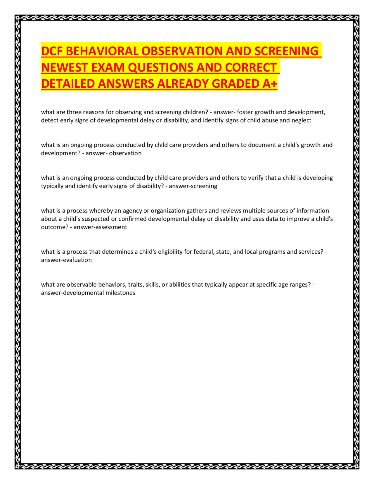 DCF BEHAVIORAL OBSERVATION AND SCREENING NEWEST EXAM QUESTIONS AND ...