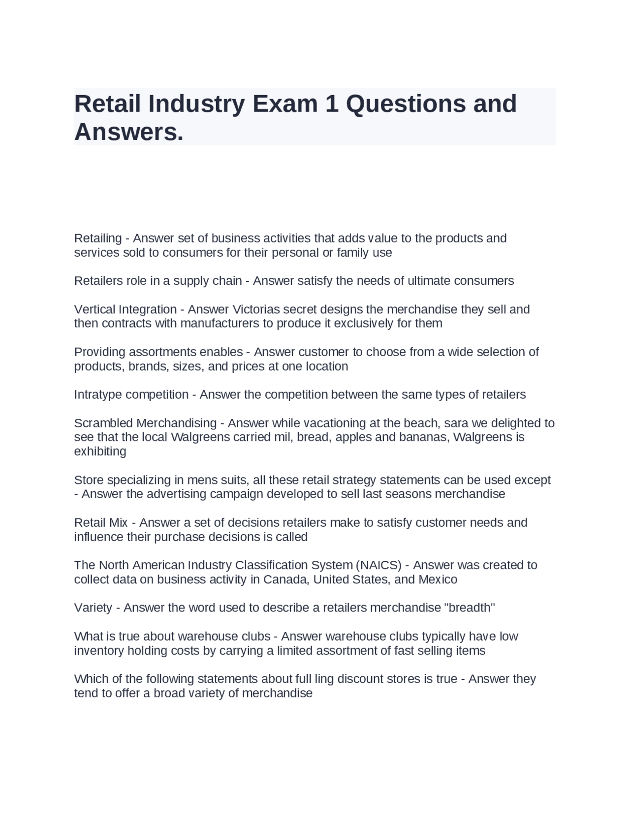 Retail Industry Exam 1 Questions and Answers | Exams Retail Marketing ...