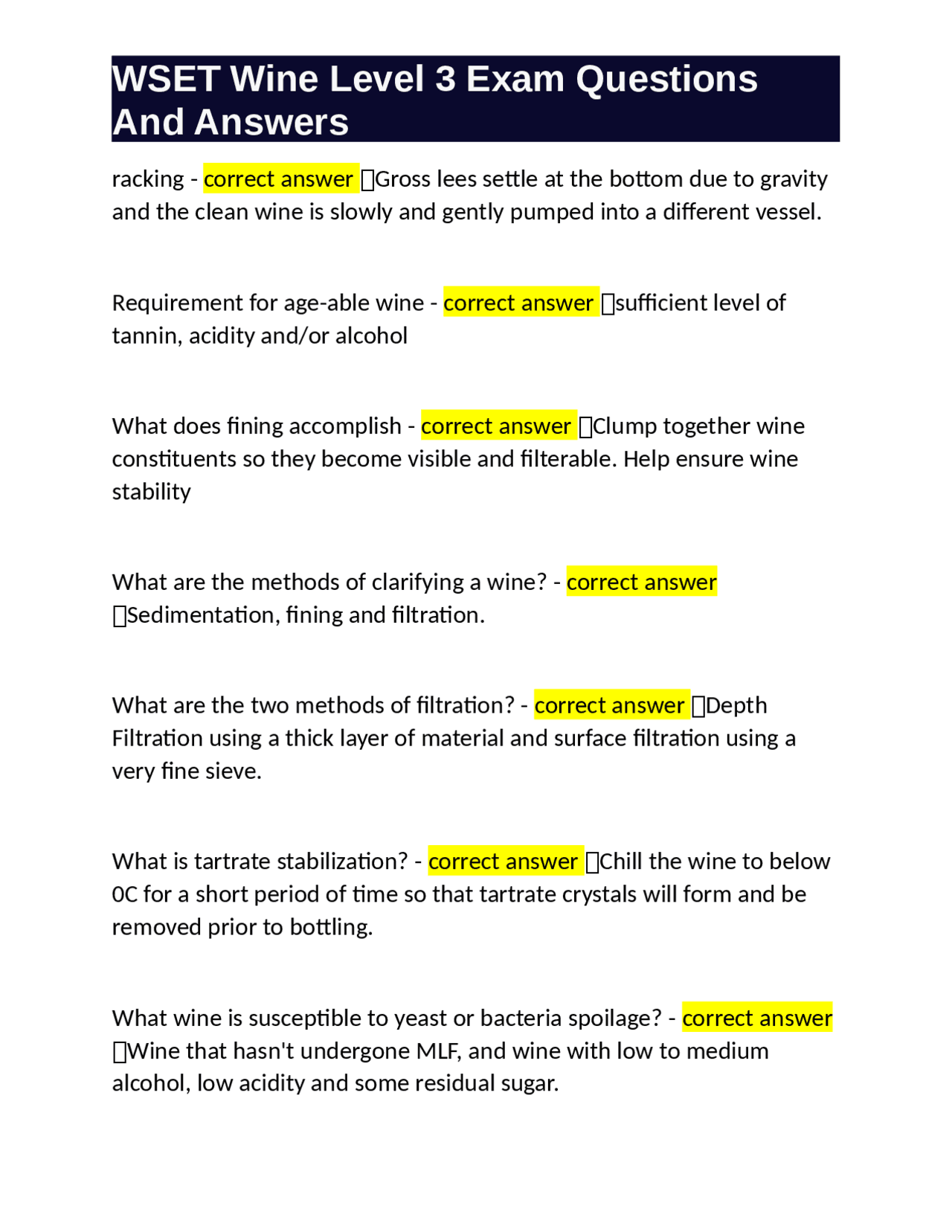 WSET Wine Level 3 Exam Questions And Answers | Exams Winemaking | Docsity