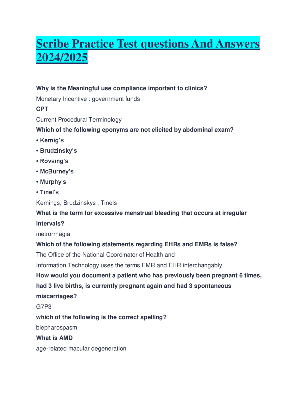 Scribe Practice Test Questions and Answers | Exams Health sciences ...