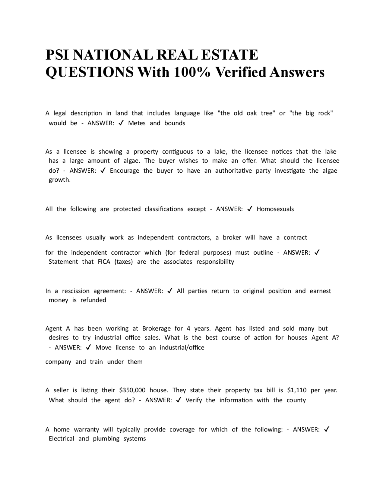 PSI National Real Estate Exam Questions with Verified Answers | Exams ...
