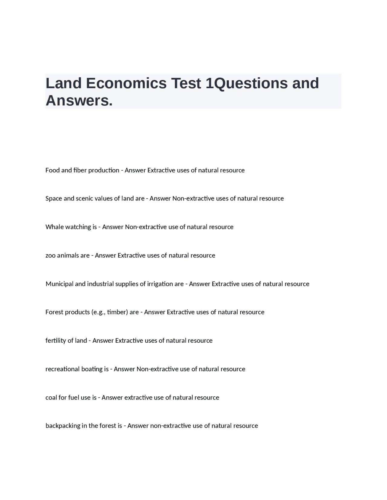 Land Economics Test 1Questions and Answers | Exams Nursing | Docsity