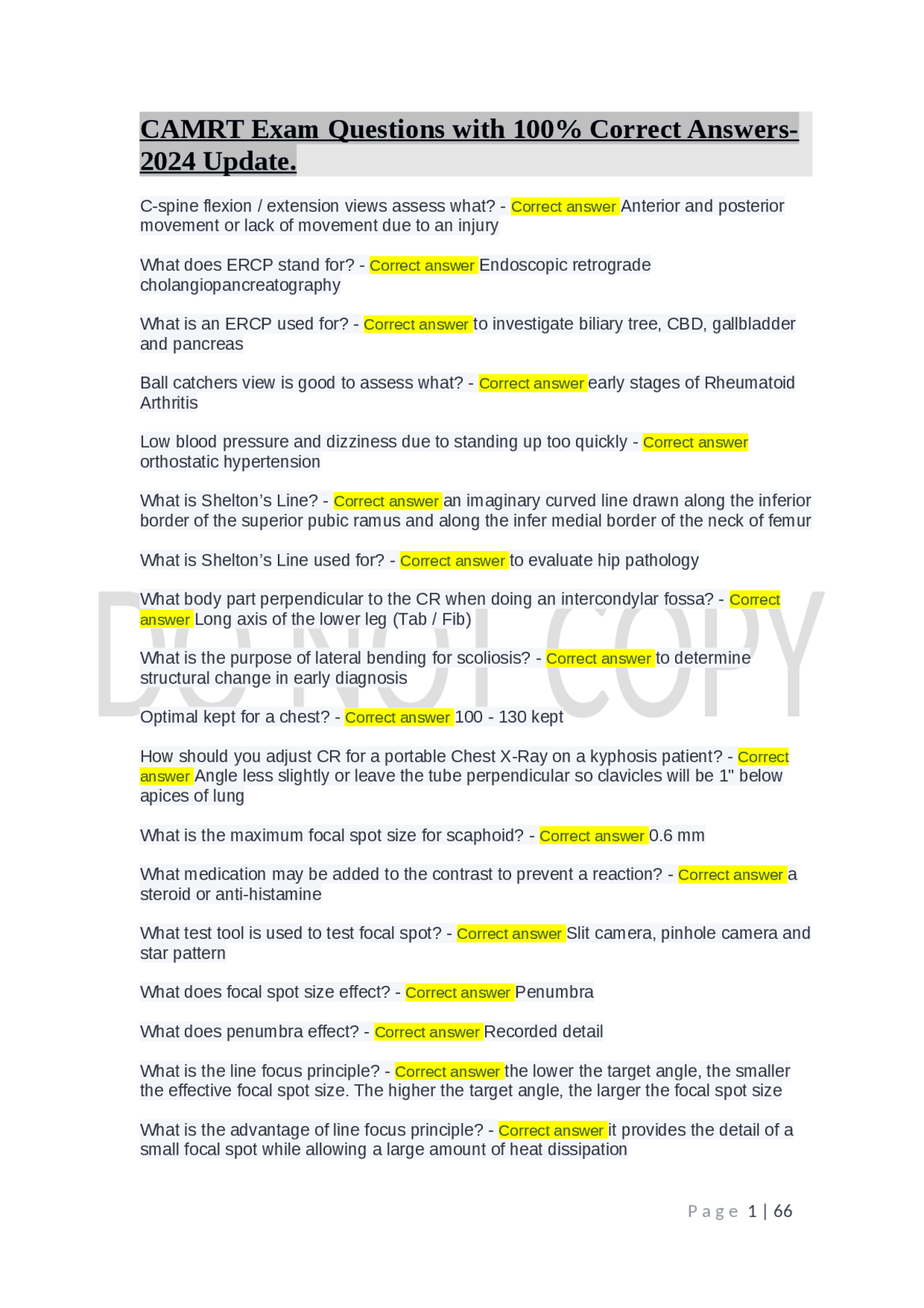 CAMRT Exam Questions with 100% Correct Answers-2024 Update. | Exams ...