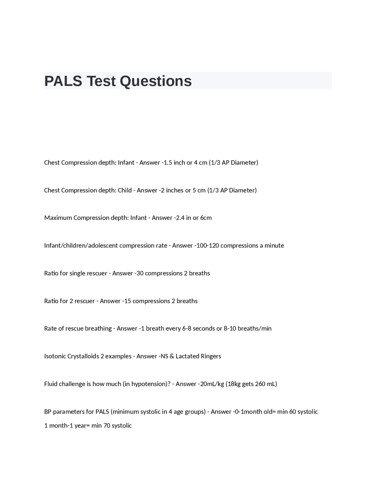 PALS Test Questions and Answers | Exams Nursing | Docsity