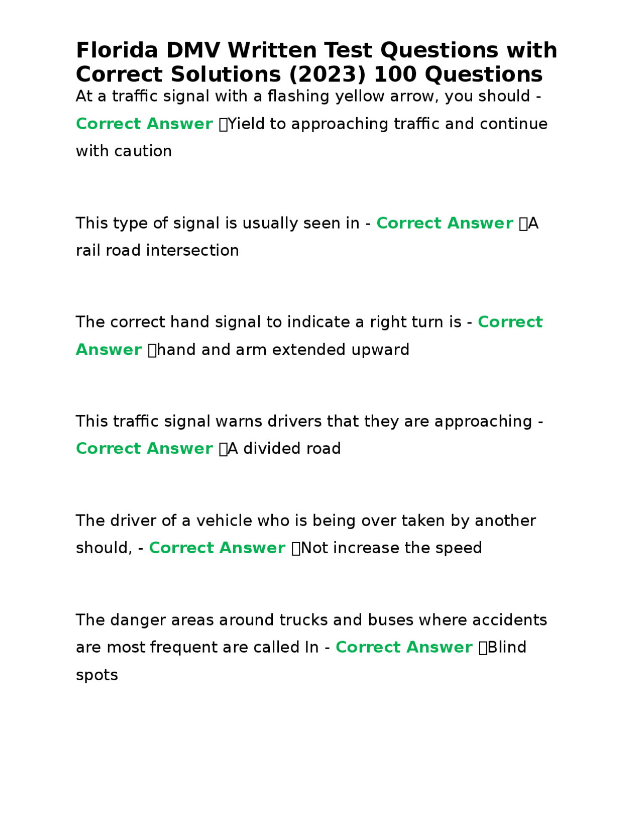 Florida DMV Written Test Questions with Correct Solutions (2023) 100 ...