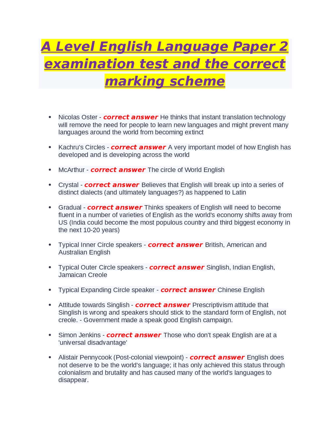 A Level English Language Paper 2 examination test and the correct ...