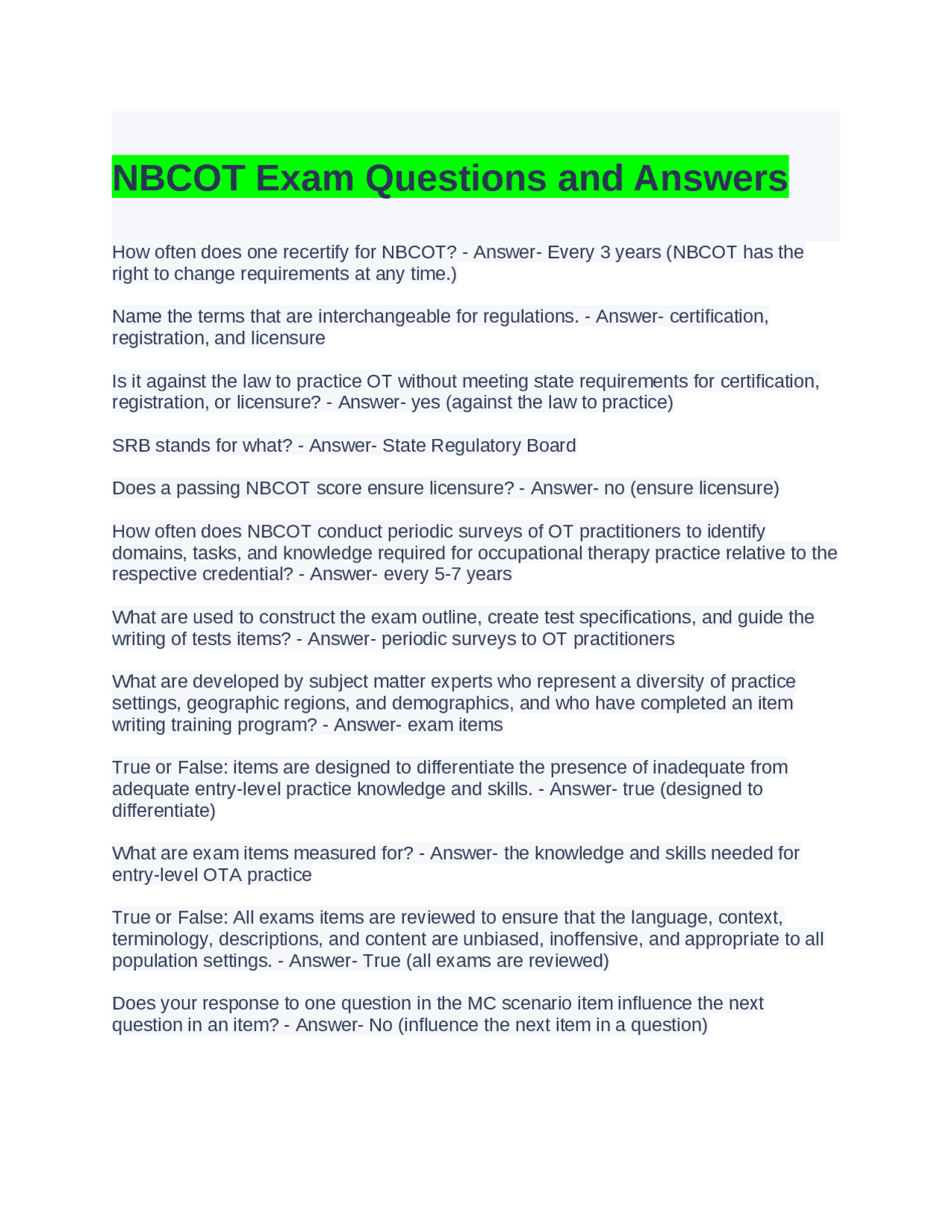 NBCOT Exam Questions and Answers for Occupational Therapy Assistants ...